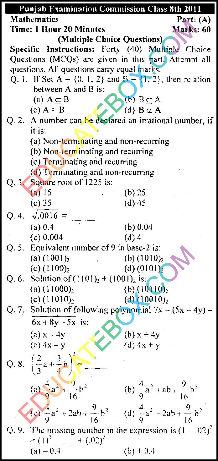 Past Paper 8th Class Maths EM Punjab Board PEC 2011 Education News Past Paper 8th Class Maths EM Punjab Board PEC 2011 Education News
