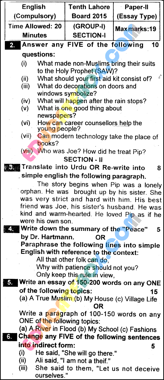 Past Paper Class 10 English Lahore Board 2015 Subjective Type Group I Past Paper Class 10 English Lahore Board 2015 Subjective Type Group I