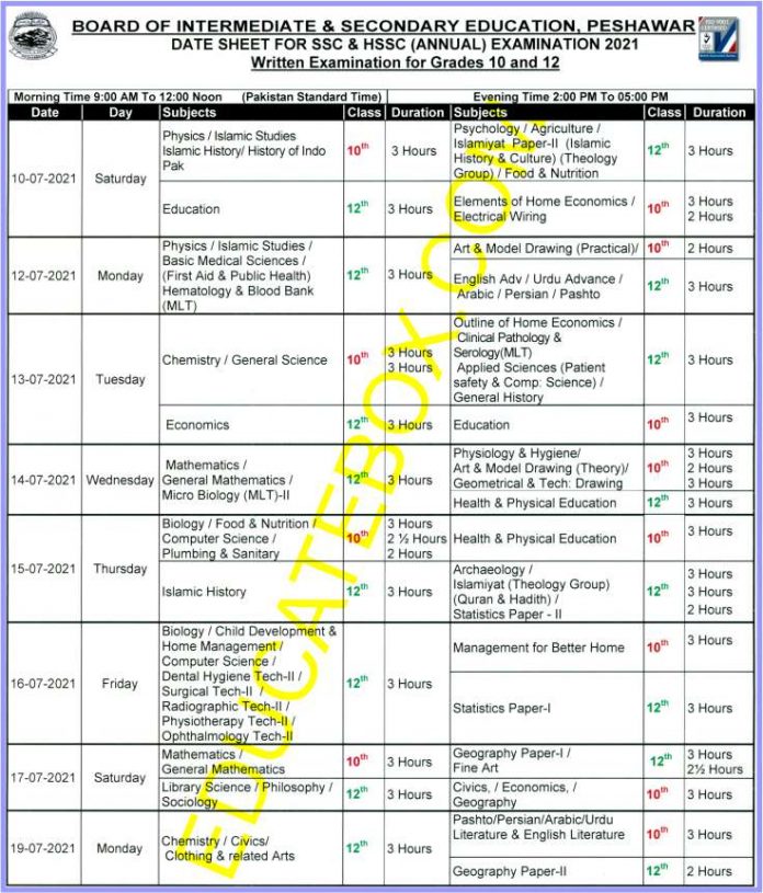 BISE Peshawar (1st Year, 2nd Year) Intermediate Date Sheet 2021