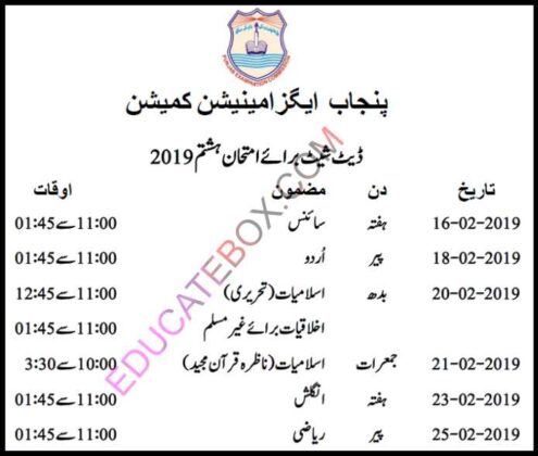 Date Sheet 8th Class 2019 PEC (Punjab Board Exams) - Education News